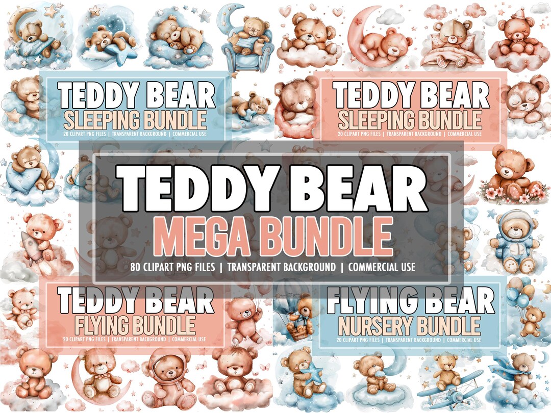 Watercolor Teddy Bear Mega Nursery PNG Clipart Bundle of 80 - Flying Baby Bear, Bear Sleeping ...