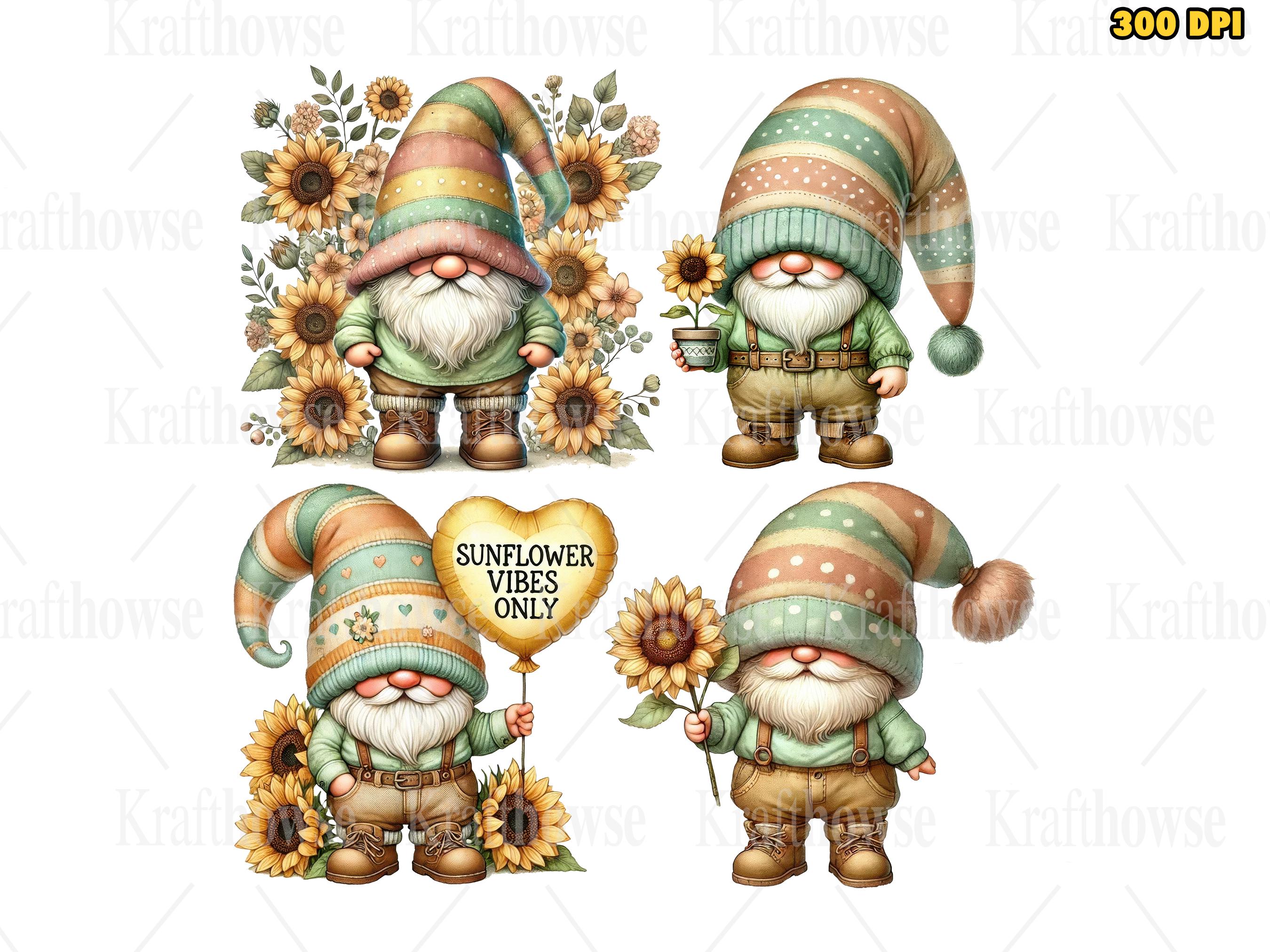 Watercolor Sunflower Gnome PNG Clipart Bundle of 20, Cute Summer Gnome ...