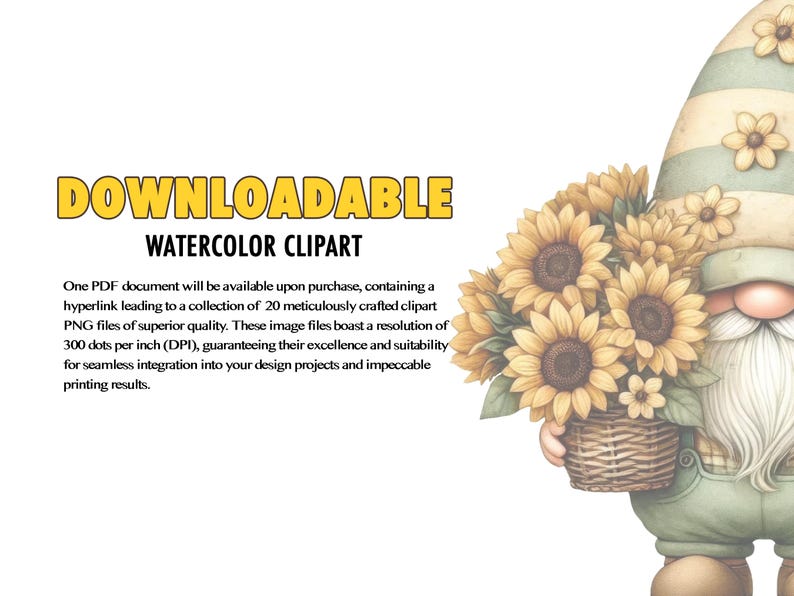 Watercolor Sunflower Gnome PNG Clipart Bundle of 20, Cute Summer Gnome ...
