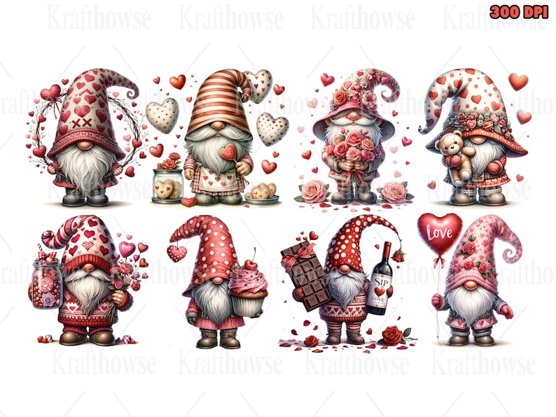 Watercolor Valentines Day PNG Festive Gnomes Clipart Bundle of 30, Cute ...