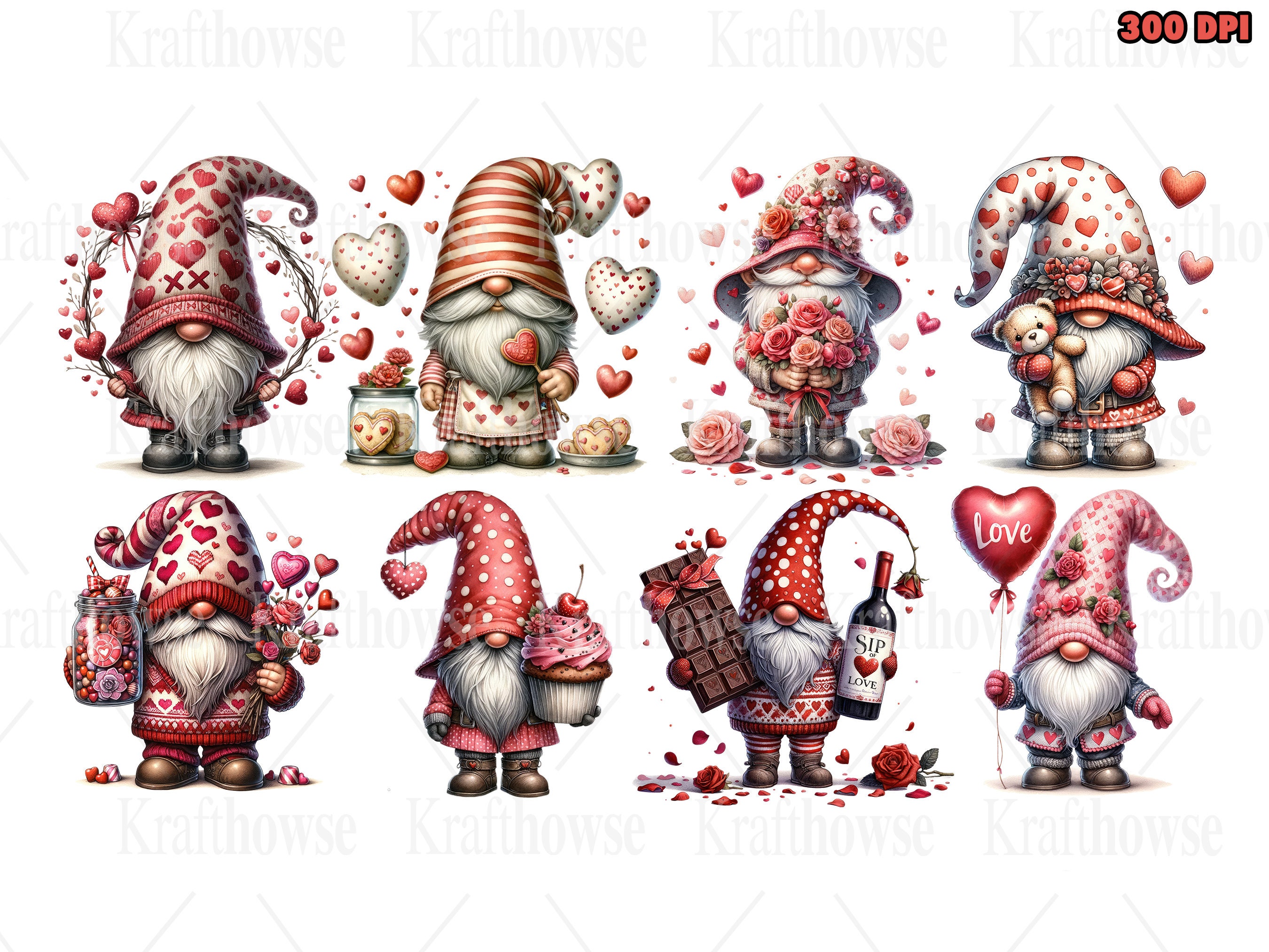 Watercolor Valentines Day PNG Festive Gnomes Clipart Bundle of 30, Cute ...