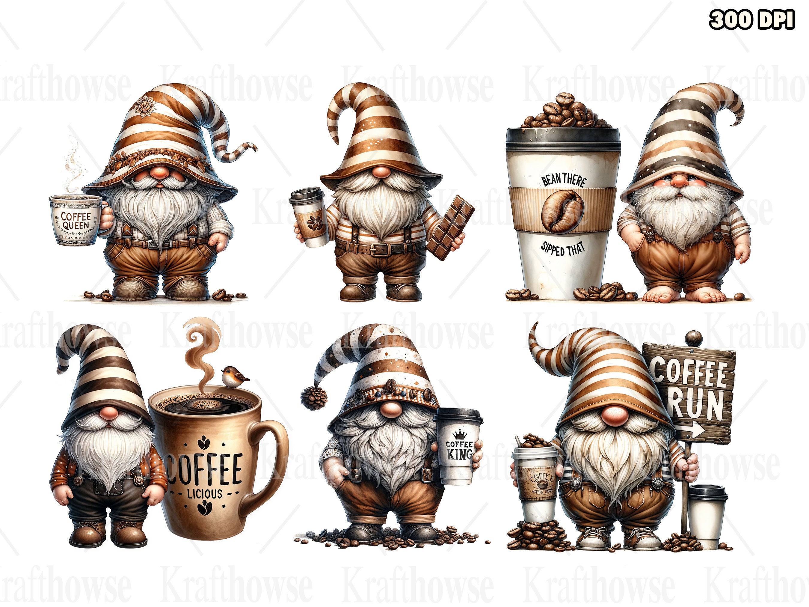 Watercolor Coffee Lover Gnome PNG Clipart Bundle of 20, Cute Gnome PNG ...