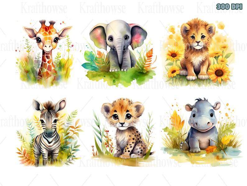 Watercolor Safari Baby Animal Png-clipart Bundle of 25 Baby Animal ...