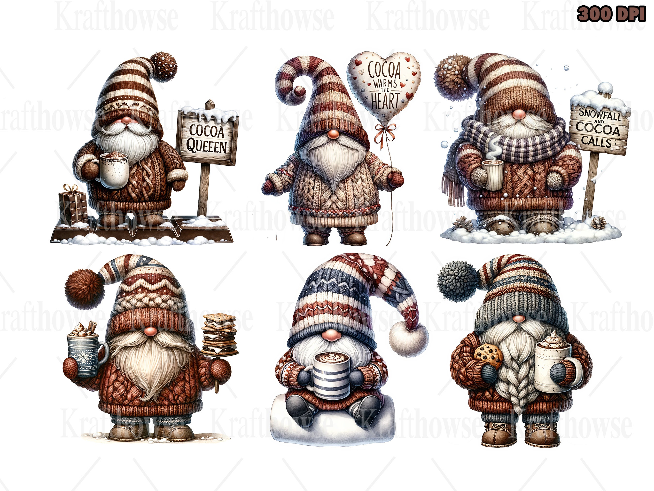 Watercolor Winter Holiday Cocoa Gnomes PNG Clipart Bundle of 20, Cute ...