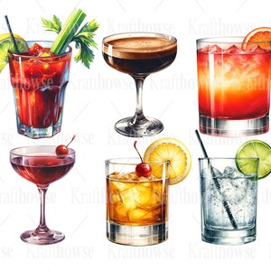 Watercolor Cocktail Alcoholic Bar Drinks PNG Clipart Bundle of 20 ...