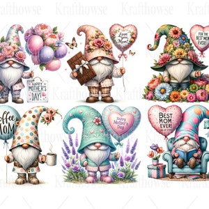 Watercolor Mothers Day Gnomes PNG Clipart Bundle of 30, Gnome Cute ...