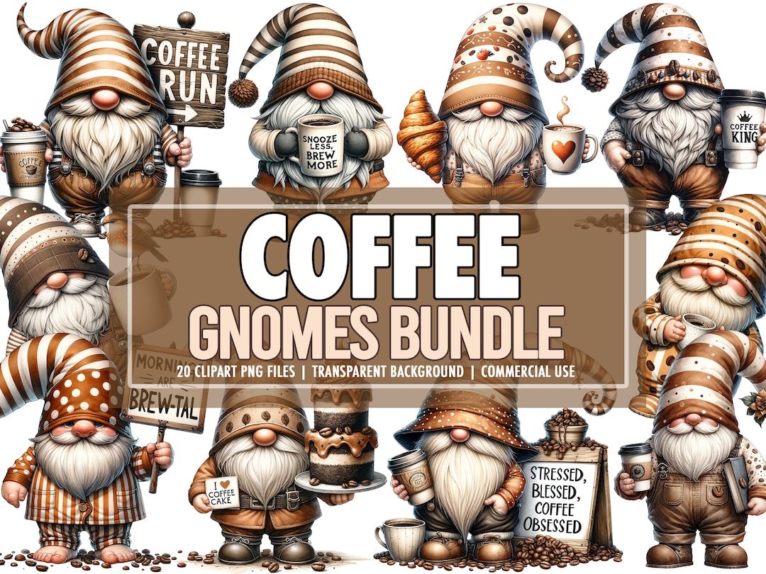 Watercolor Coffee Lover Gnome PNG Clipart Bundle of 20, Cute Gnome PNG ...