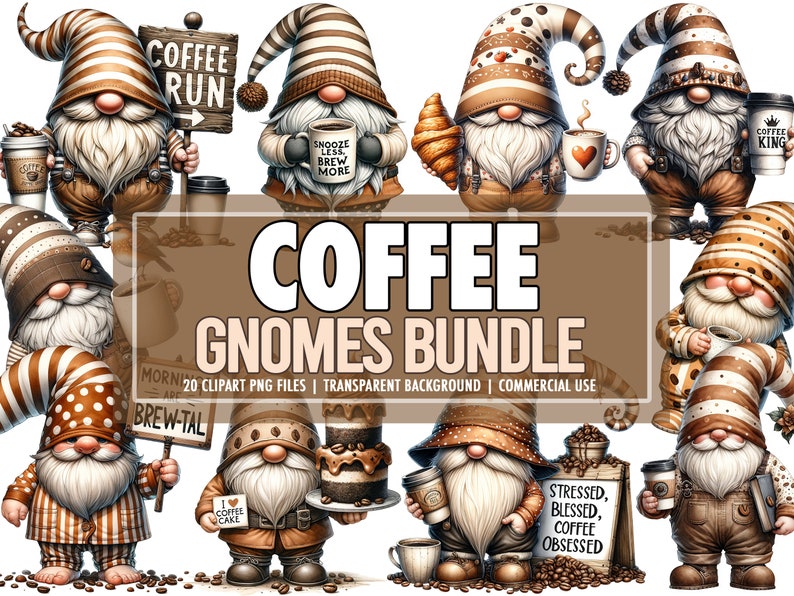 Watercolor Coffee Lover Gnome PNG Clipart Bundle of 20, Cute Gnome PNG ...