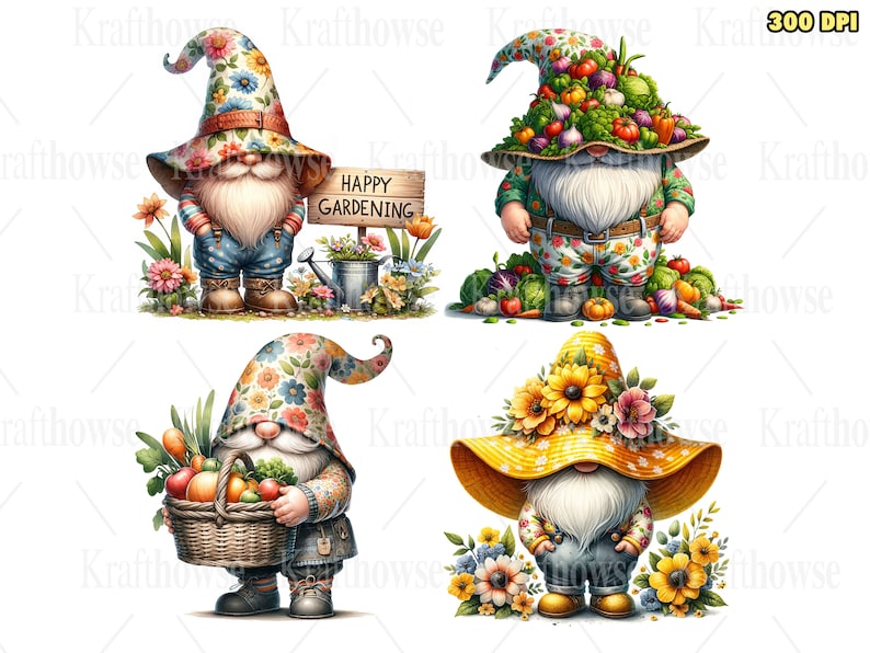 Watercolor Spring Garden Outdoor Gnomes PNG Clipart Bundle of 20, Cute ...