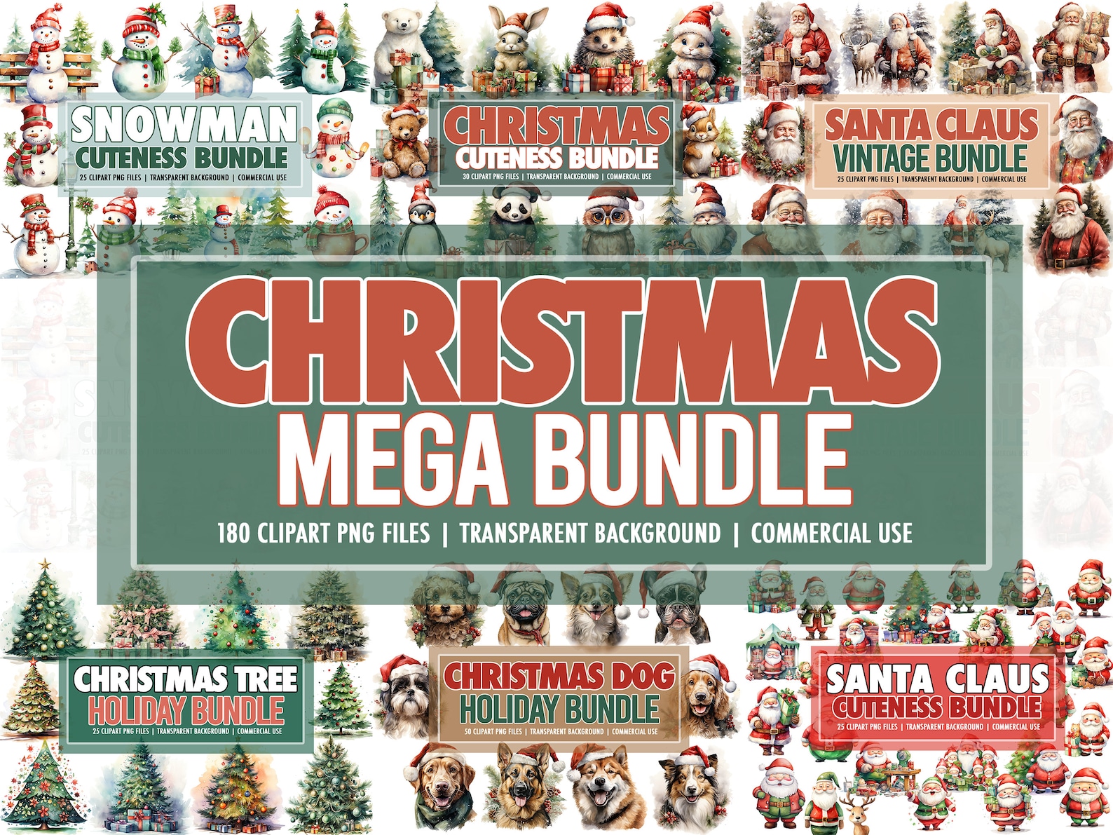 Watercolor Christmas Mega Png-clipart Bundle of 180 - Christmas Digital ...