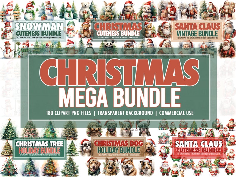 Watercolor Christmas Mega Png-clipart Bundle of 180 Christmas Digital ...