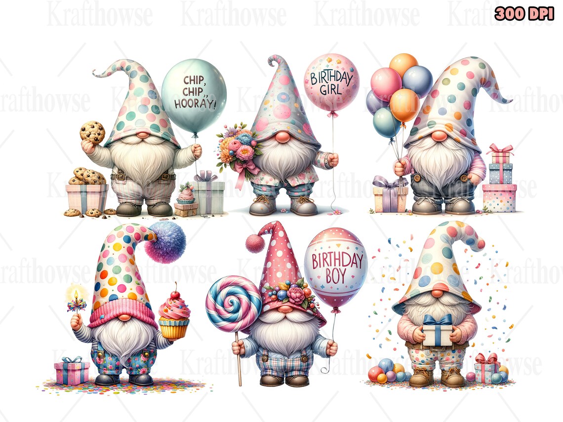 Watercolor Happy Birthday Gnomes PNG Clipart Bundle of 20, Cute ...