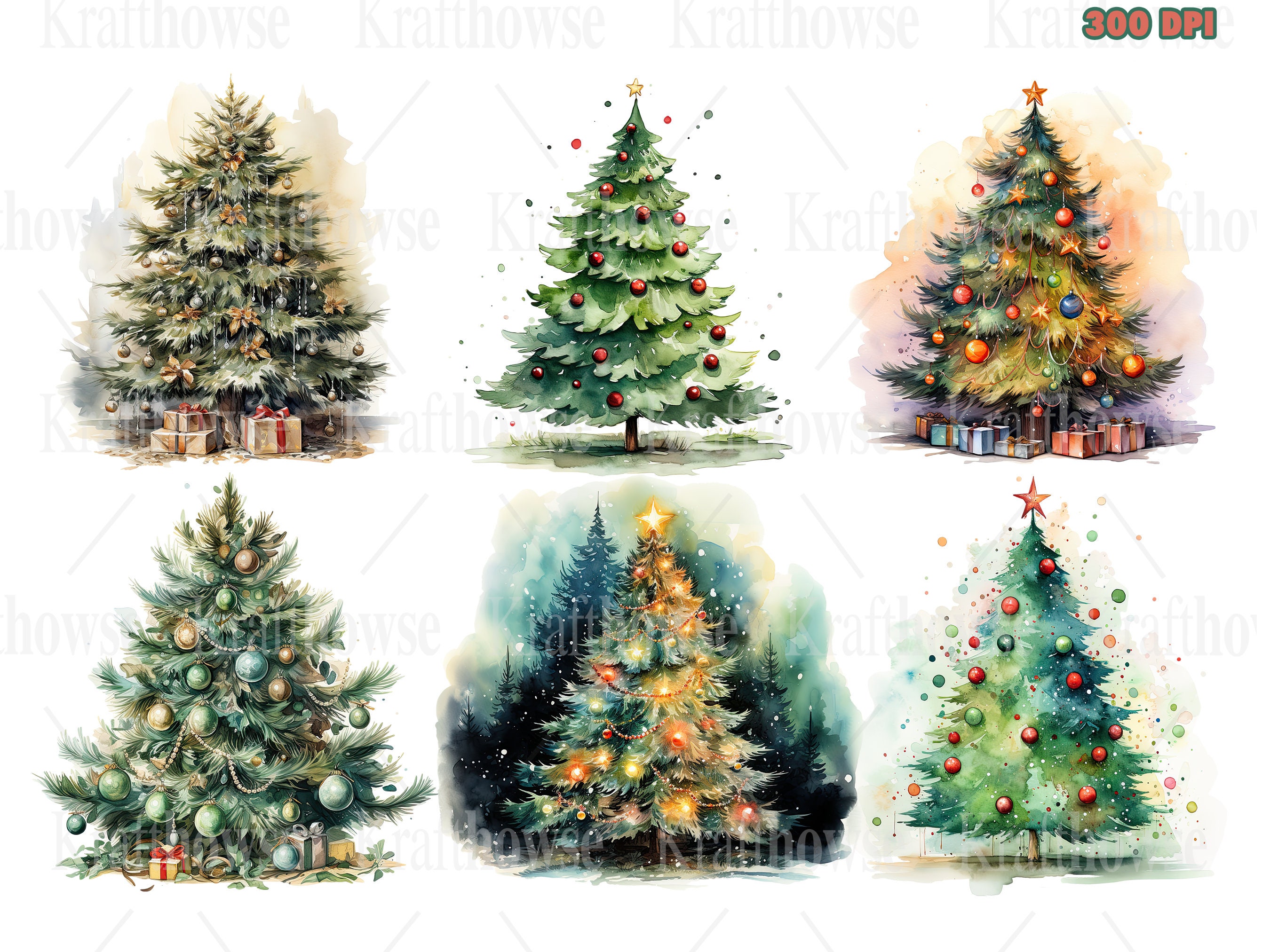 Watercolor Christmas Tree Png-clipart Holiday Bundle of 25 Christmas ...