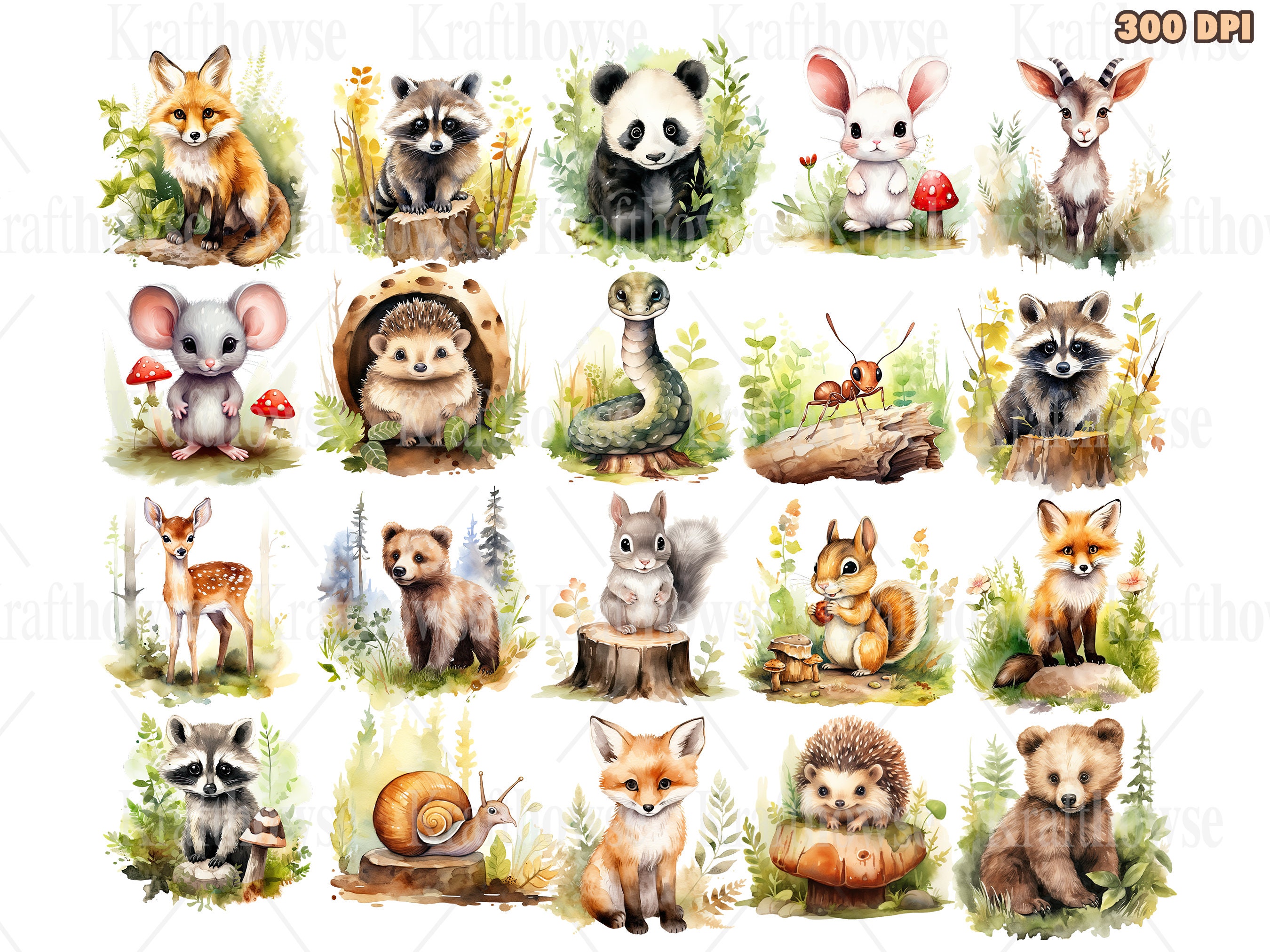 Watercolor Forest Animals Woodland Png-clipart Bundle of 105 Digital ...