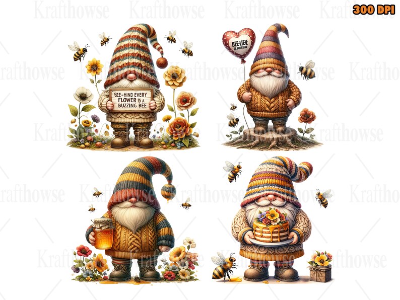 Watercolor Bee Honey Gnomes PNG Clipart Bundle of 20, Cute Bumblebee ...