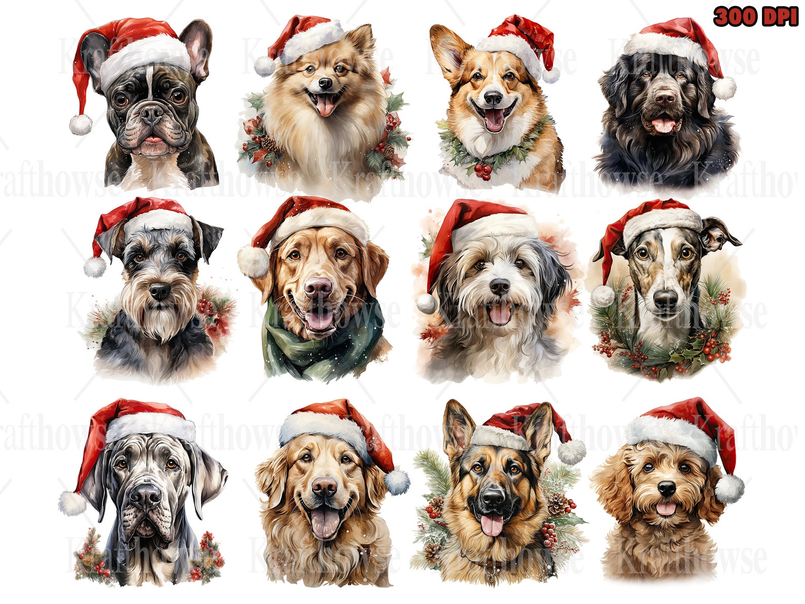 Watercolor Christmas Dog Breed Png-clipart Holiday Bundle of 50 ...