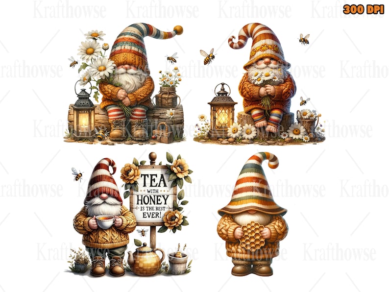 Watercolor Bee Honey Gnomes PNG Clipart Bundle of 20, Cute Bumblebee ...