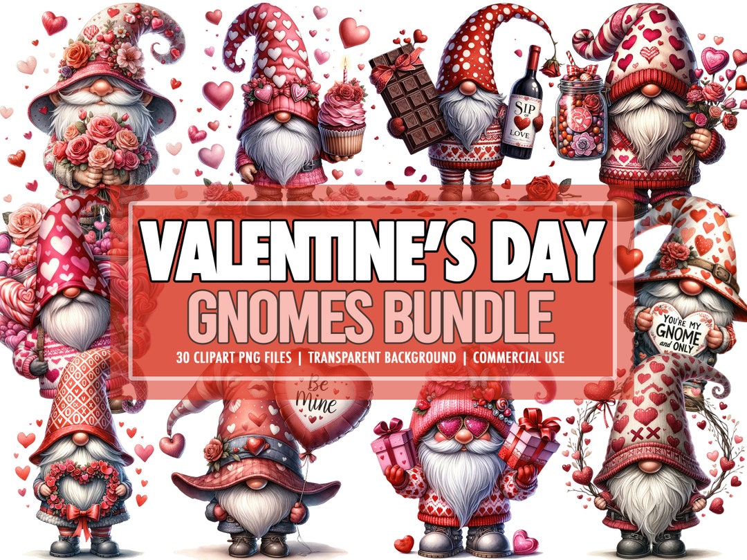 Watercolor Valentines Day PNG Festive Gnomes Clipart Bundle of 30, Cute ...
