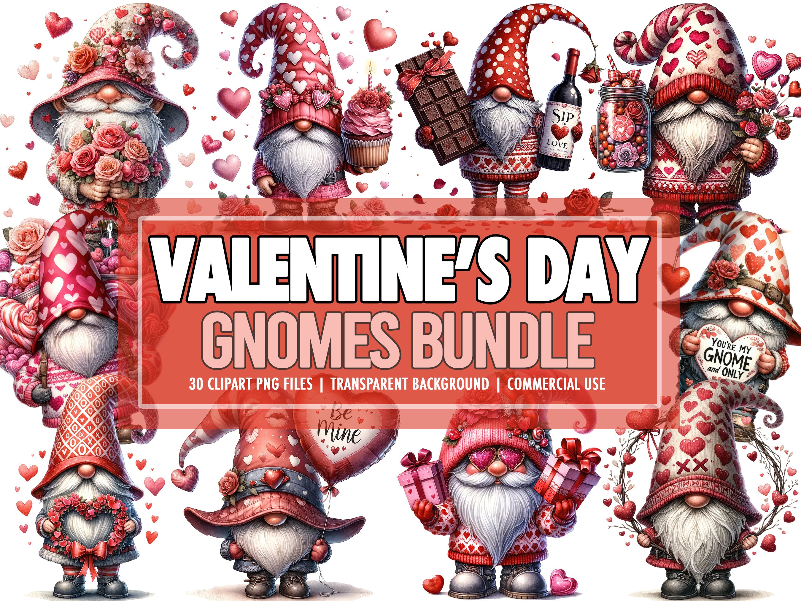 Watercolor Valentines Day PNG Festive Gnomes Clipart Bundle of 30, Cute ...