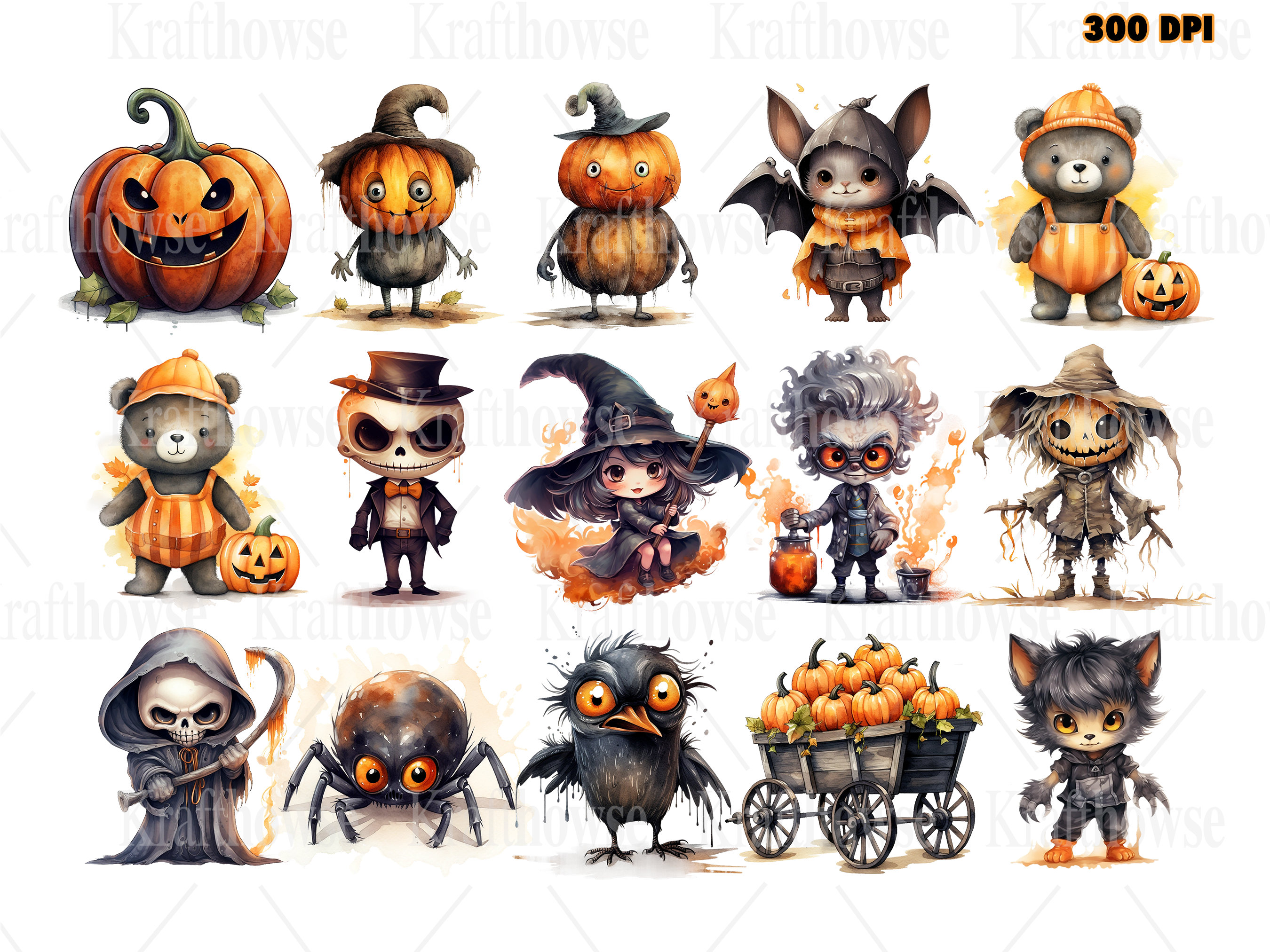 Watercolor Halloween Cuteness Png-clipart Bundle of 45 Halloween ...
