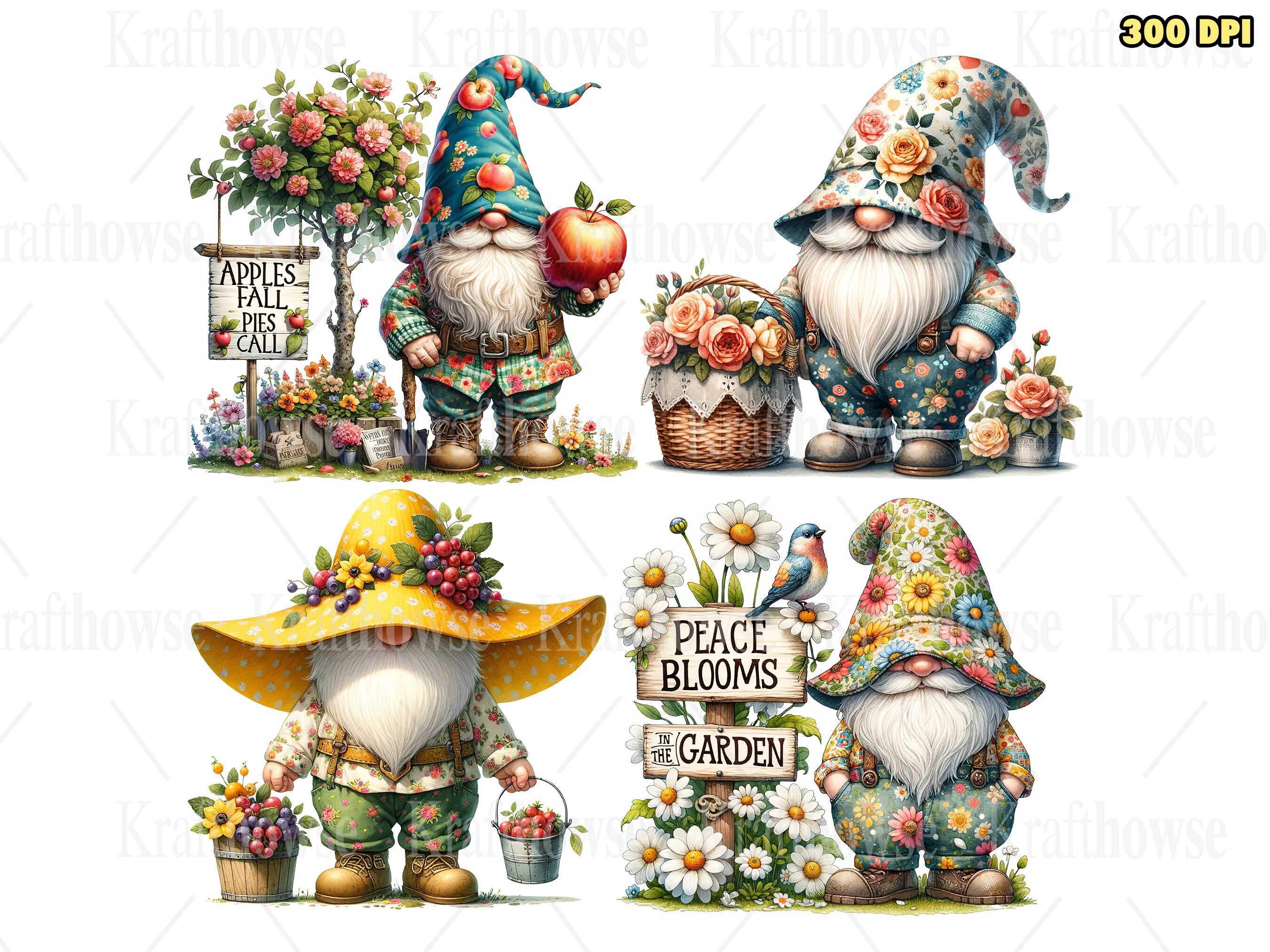 Watercolor Spring Garden Outdoor Gnomes PNG Clipart Bundle of 20, Cute ...
