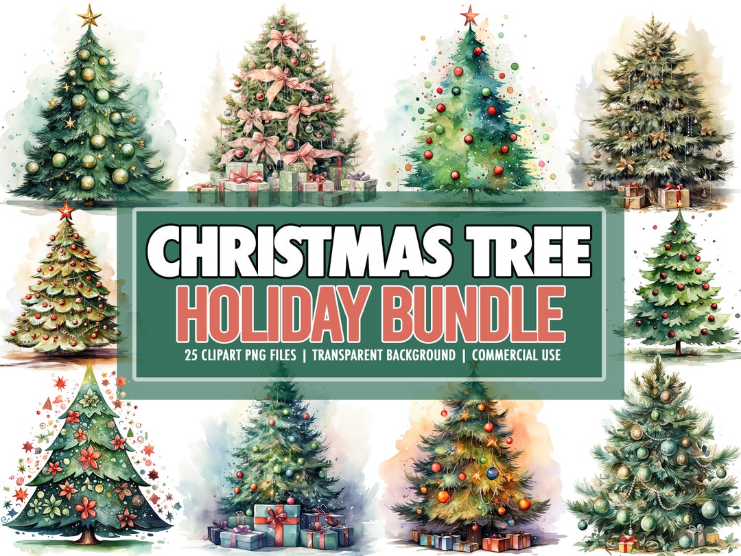 Watercolor Christmas Tree Png-clipart Holiday Bundle of 25 - Christmas ...