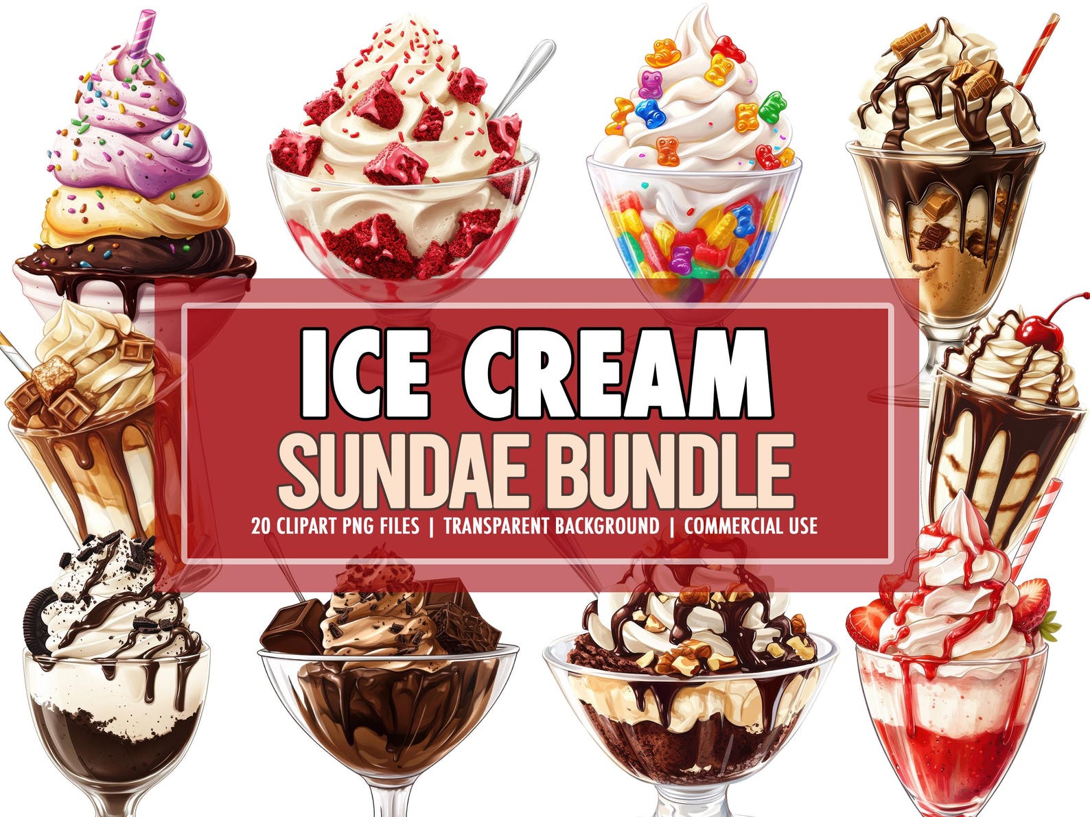 Ice Cream Sundae PNG Clipart Bundle of 20, Ice Cream Clipart, Ice ...