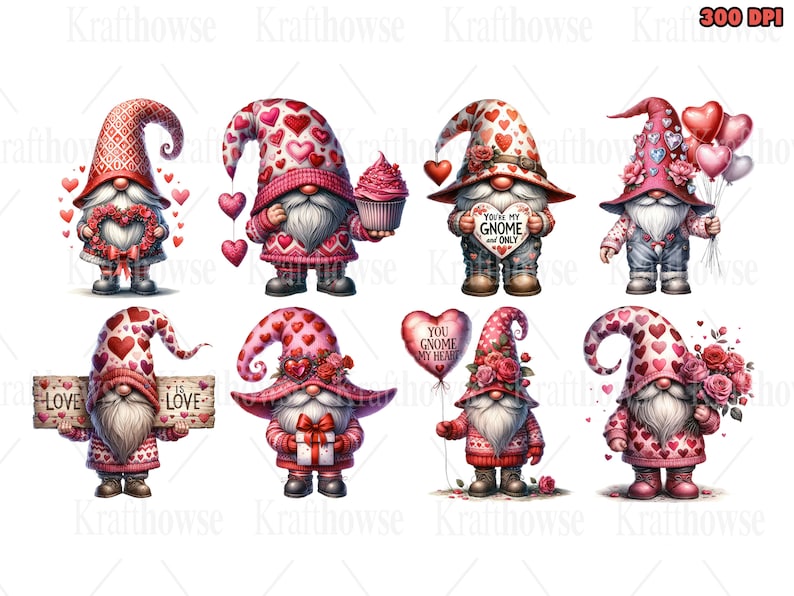Watercolor Valentines Day PNG Festive Gnomes Clipart Bundle of 30, Cute ...