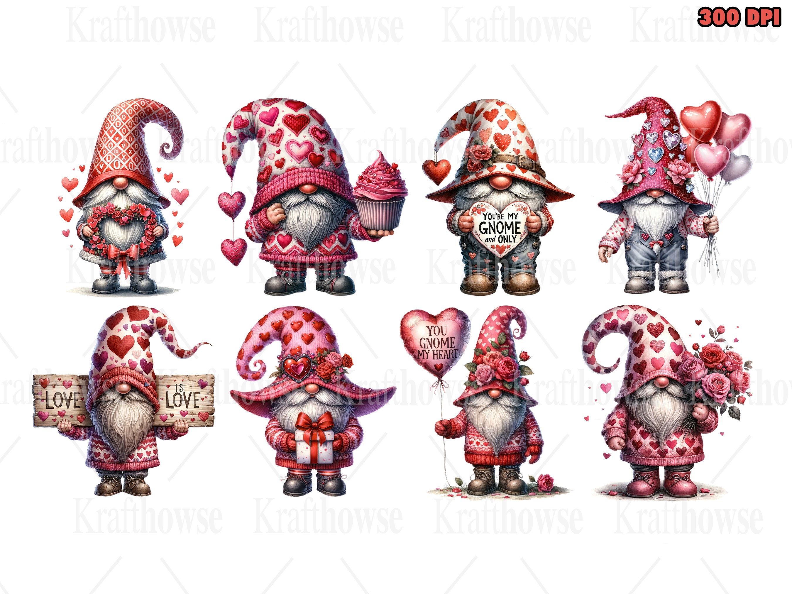Watercolor Valentines Day PNG Festive Gnomes Clipart Bundle of 30, Cute ...