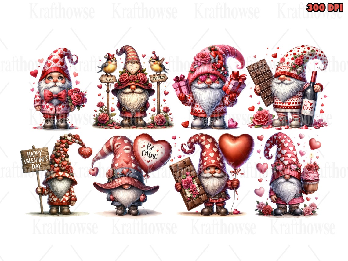 Watercolor Valentines Day PNG Festive Gnomes Clipart Bundle of 30, Cute ...