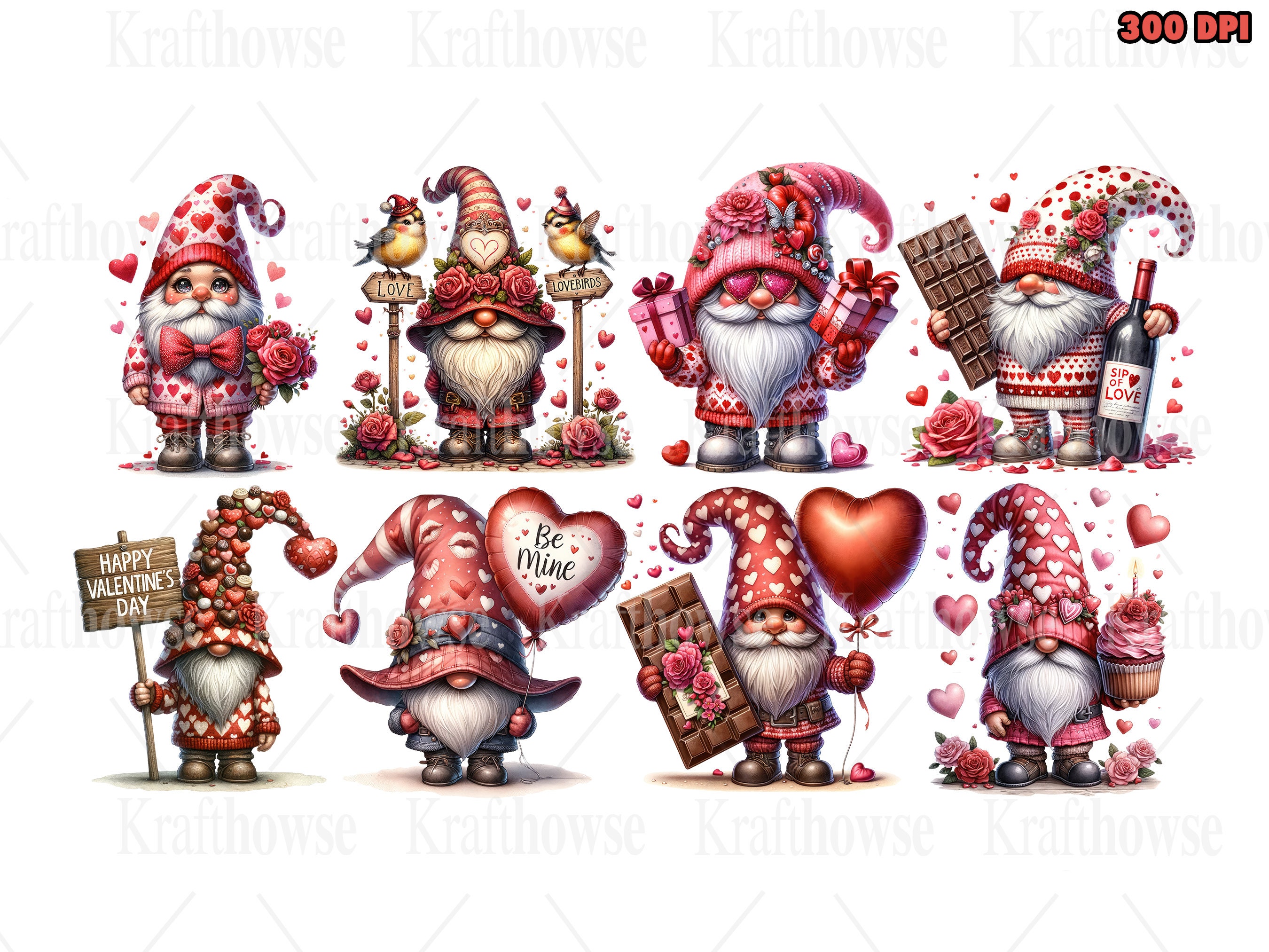 Watercolor Valentines Day PNG Festive Gnomes Clipart Bundle of 30, Cute ...