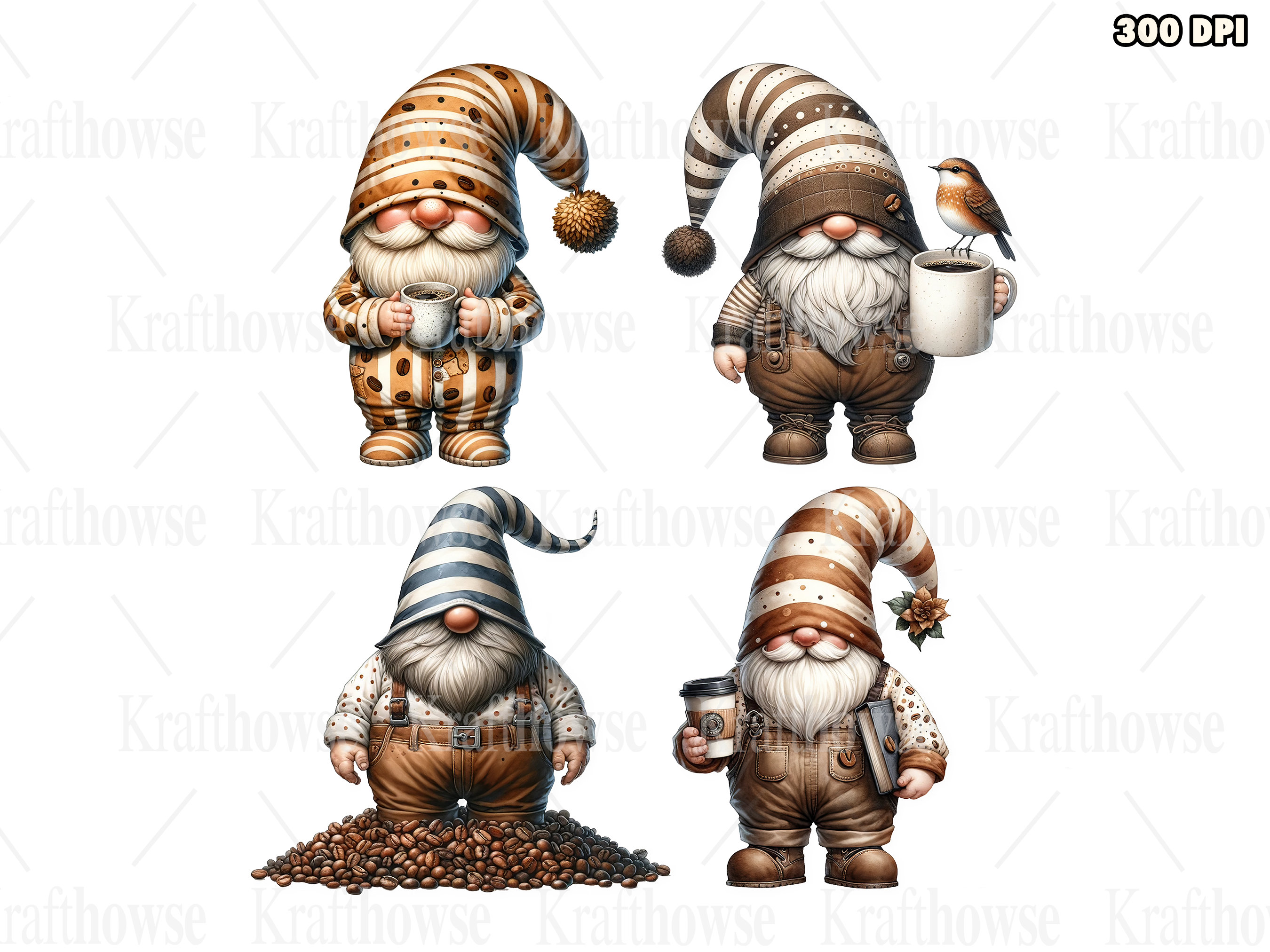 Watercolor Coffee Lover Gnome PNG Clipart Bundle of 20, Cute Gnome PNG ...