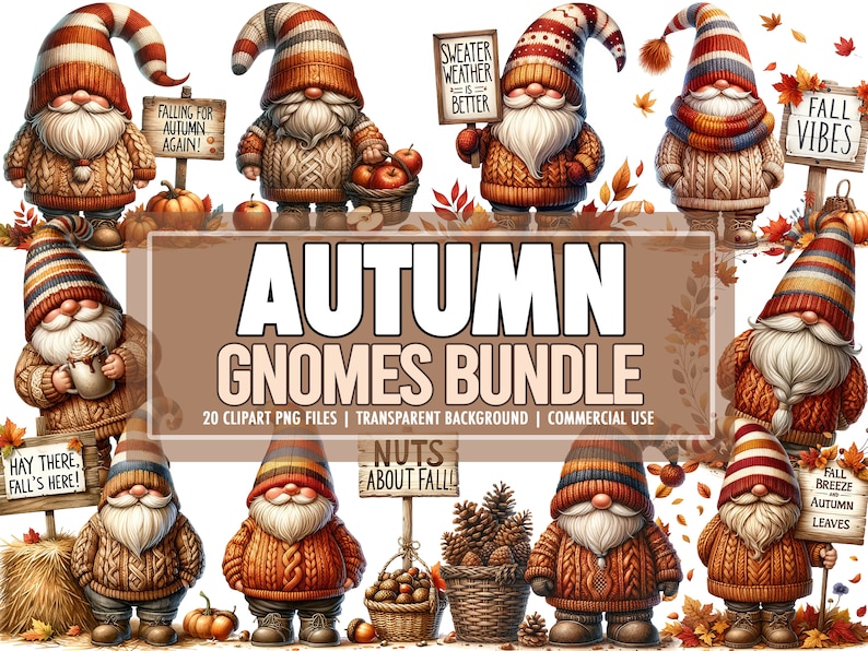 Watercolor Fall Autumn Gnomes PNG Clipart Bundle of 20, Cute ...