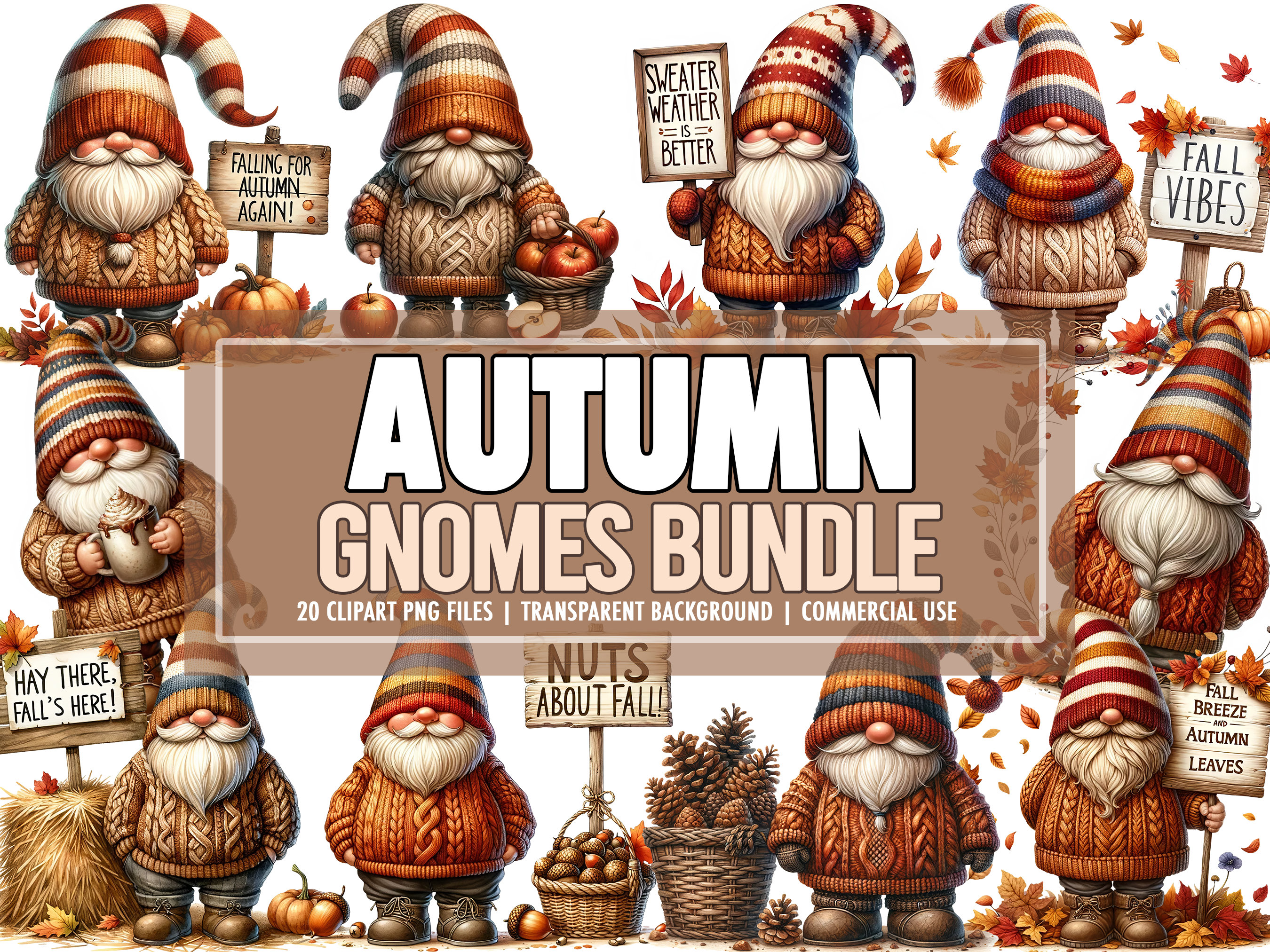 Watercolor Fall Autumn Gnomes PNG Clipart Bundle of 20, Cute ...