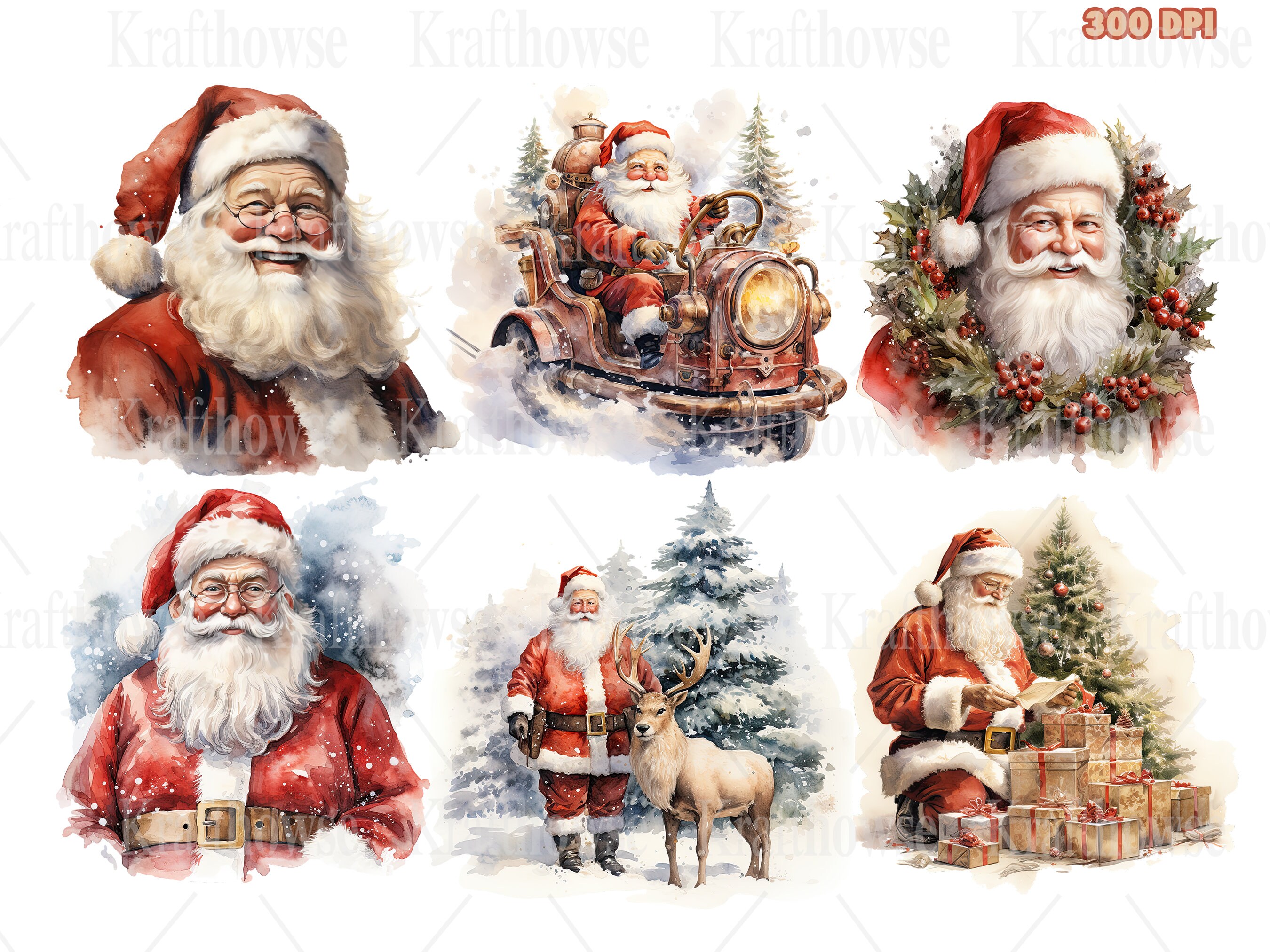 Watercolor Santa Claus Vintage Png-clipart Bundle of 25 - Christmas ...