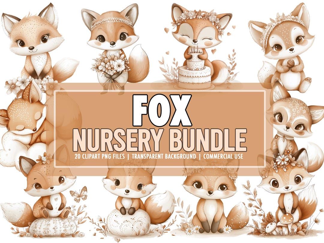 Watercolor Baby Fox Nursery PNG Clipart Bundle of 20, Animal Babies ...