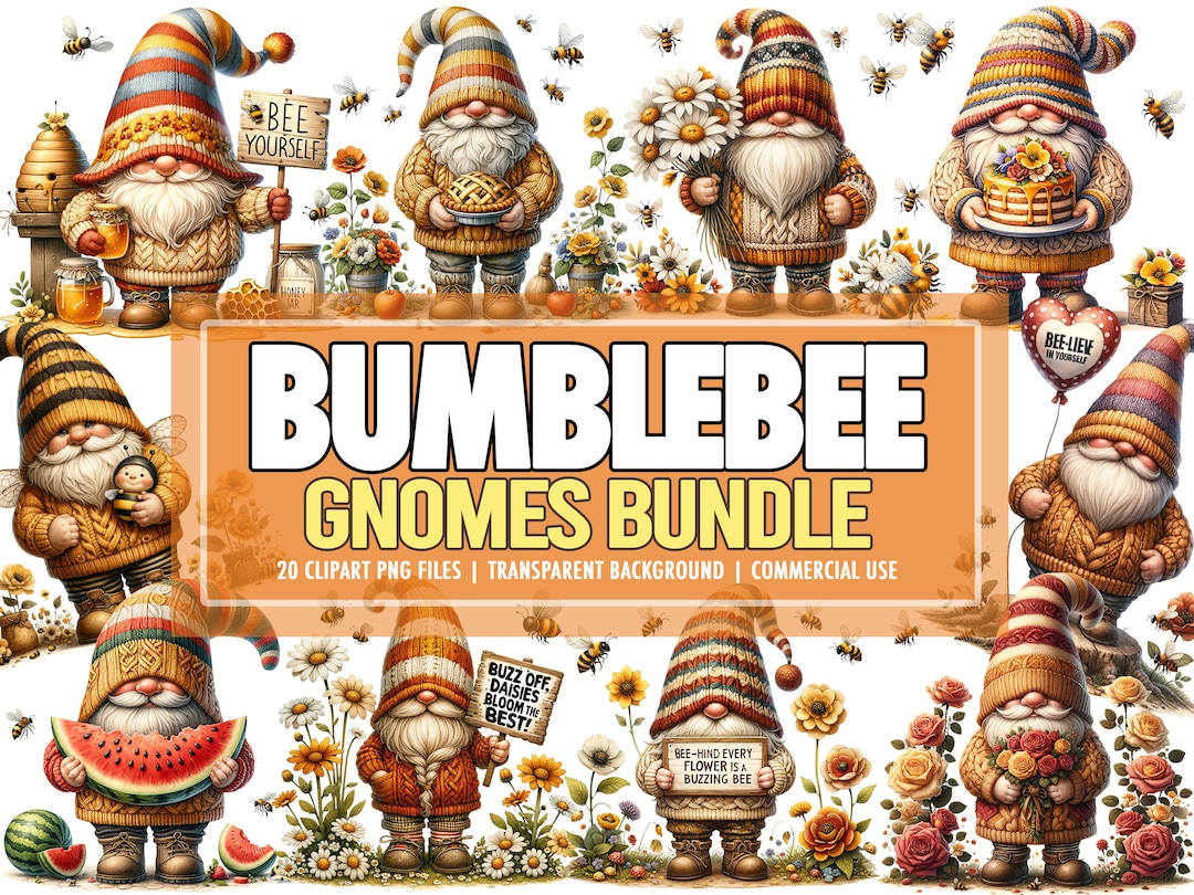 Watercolor Bee Honey Gnomes PNG Clipart Bundle of 20, Cute Bumblebee ...