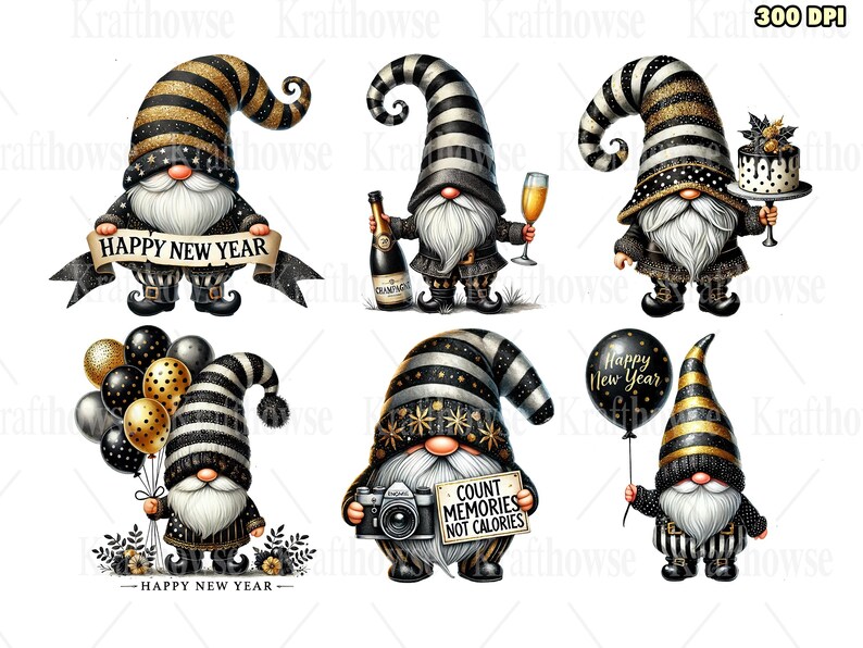 Watercolor Happy New Year Gnomes PNG Clipart Bundle of 20, New Years ...
