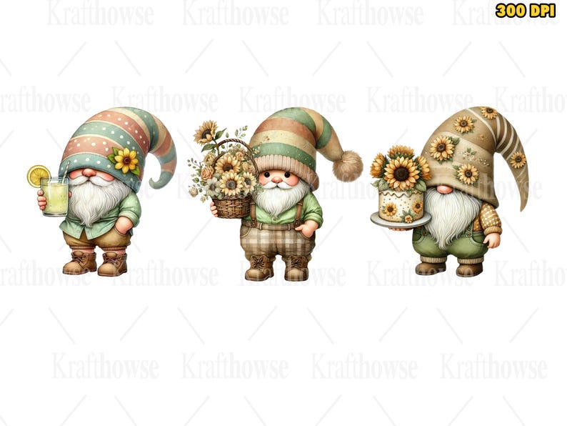 Watercolor Sunflower Gnome PNG Clipart Bundle of 20, Cute Summer Gnome ...
