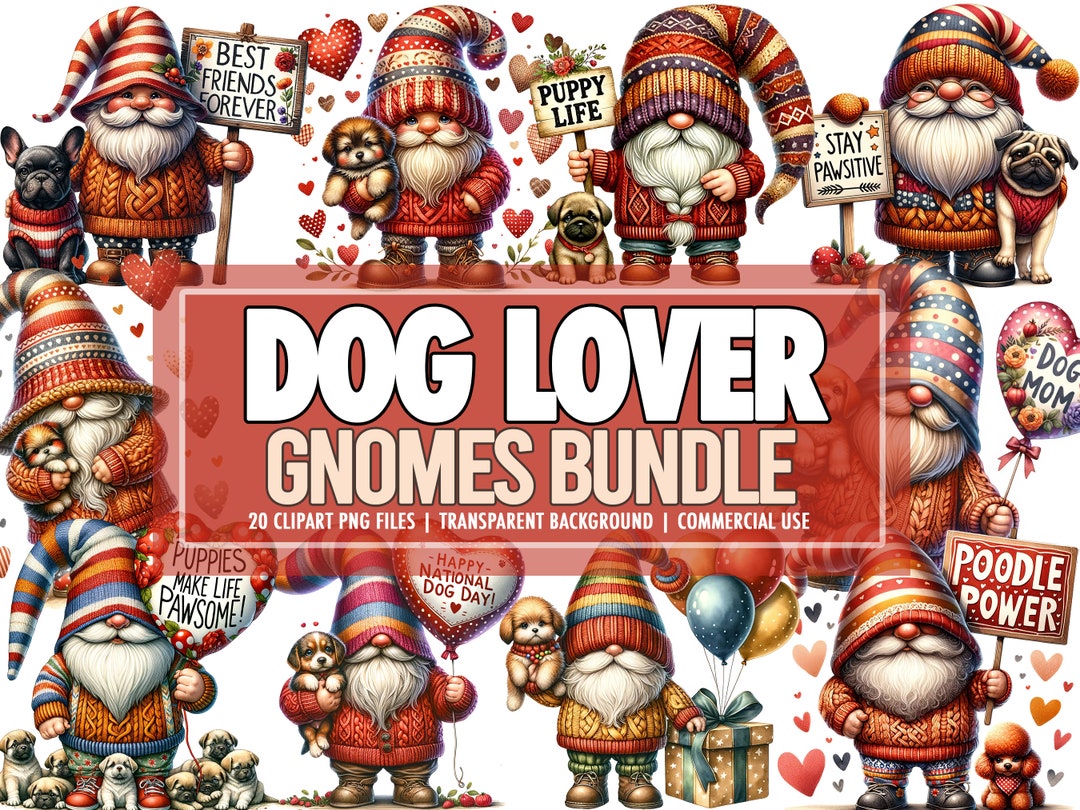 Watercolor Dog Lover Gnomes PNG Clipart Bundle of 20, Cute Gnome PNG ...