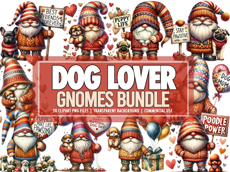 Watercolor Dog Lover Gnomes PNG Clipart Bundle of 20, Cute Gnome PNG ...