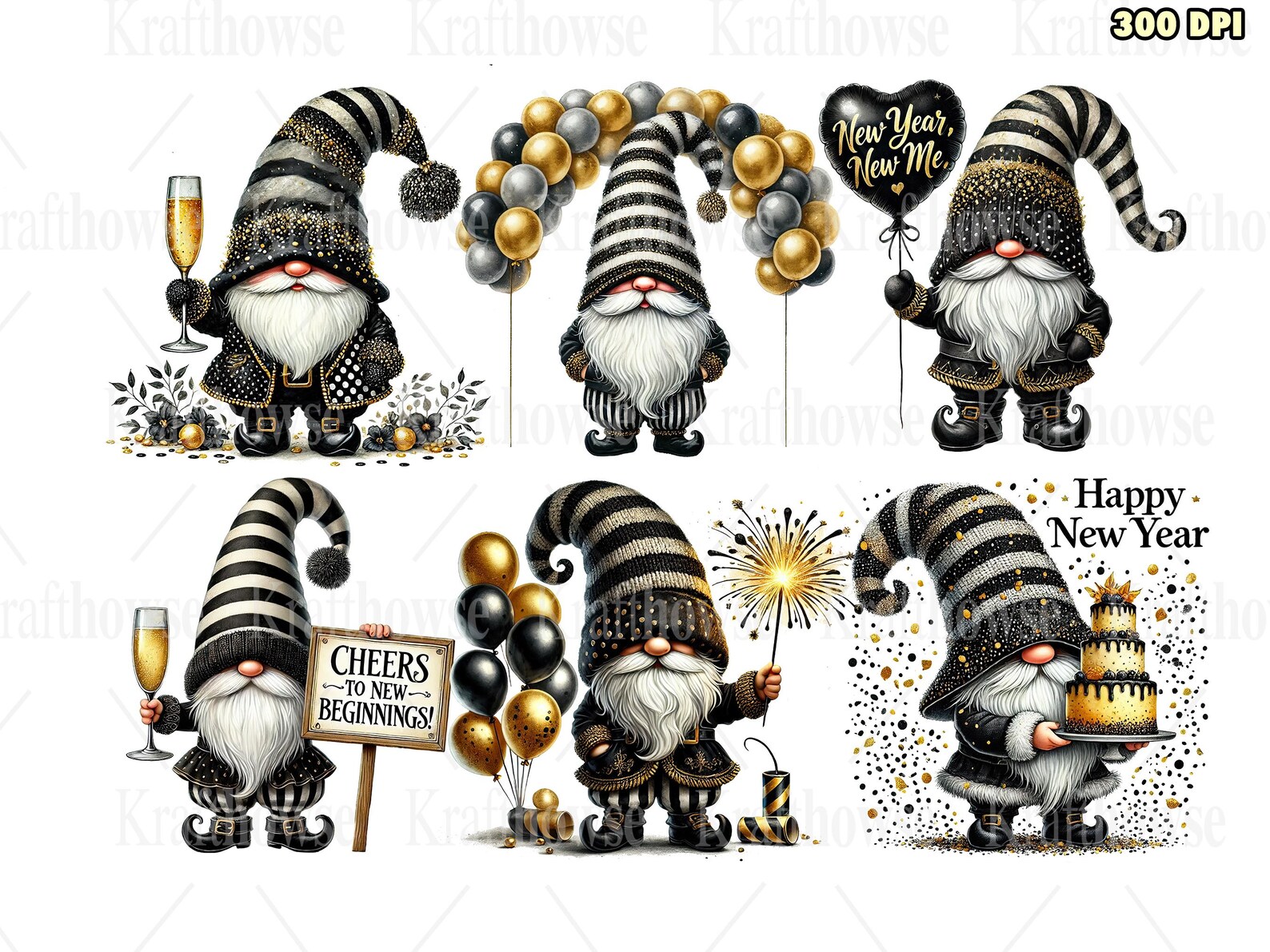 Watercolor Happy New Year Gnomes PNG Clipart Bundle of 20, New Years ...