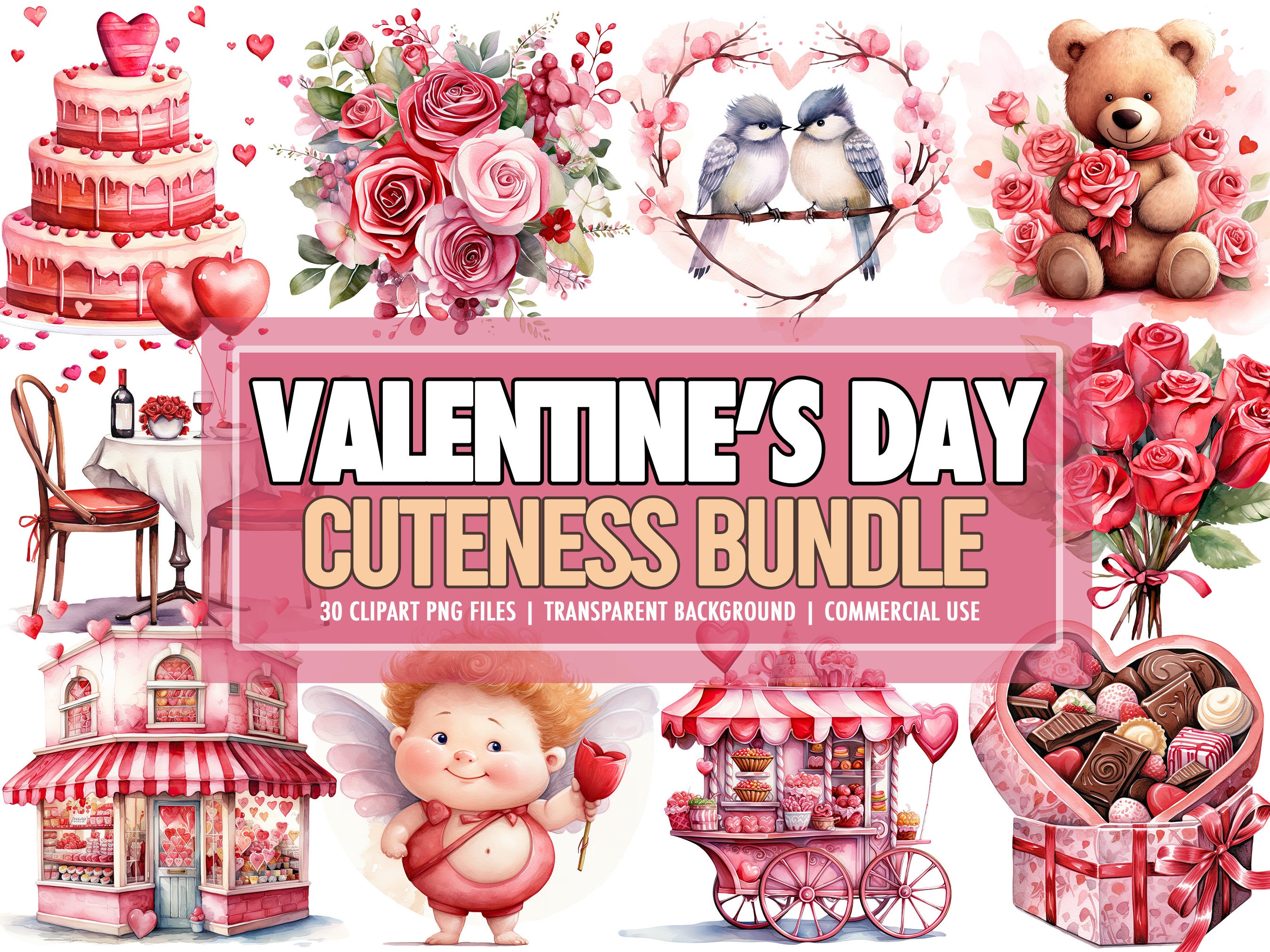 Watercolor Valentines Day Cuteness Png-clipart Bundle of 30 Valentines ...