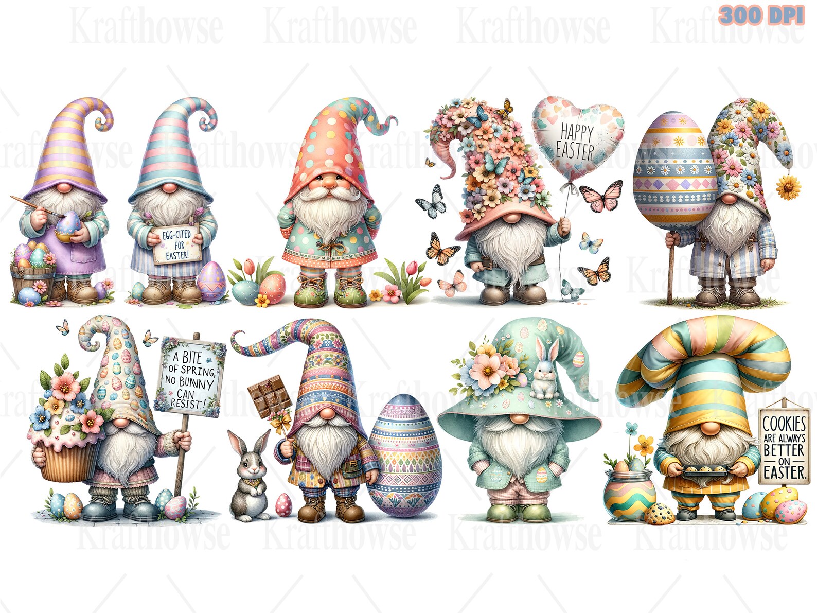 Watercolor Easter Gnomes PNG Clipart Bundle of 30, Cute Spring Flower ...