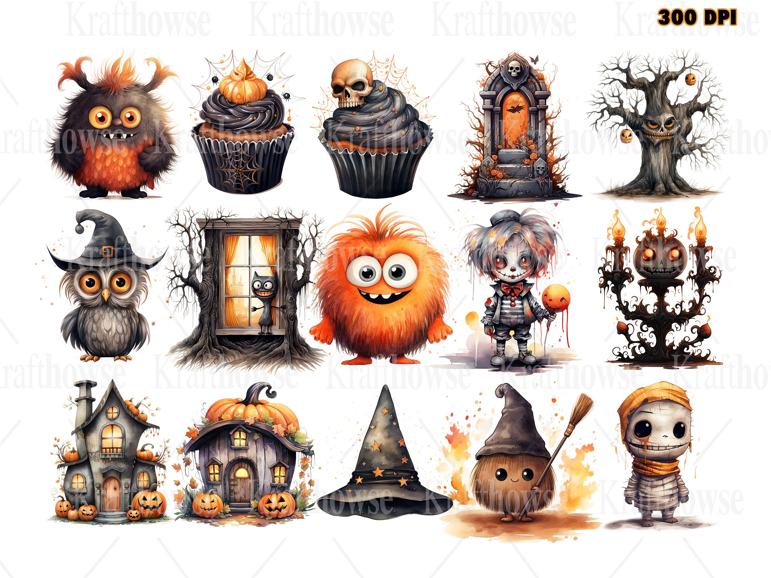 Watercolor Halloween Cuteness Png-clipart Bundle of 45 Halloween ...