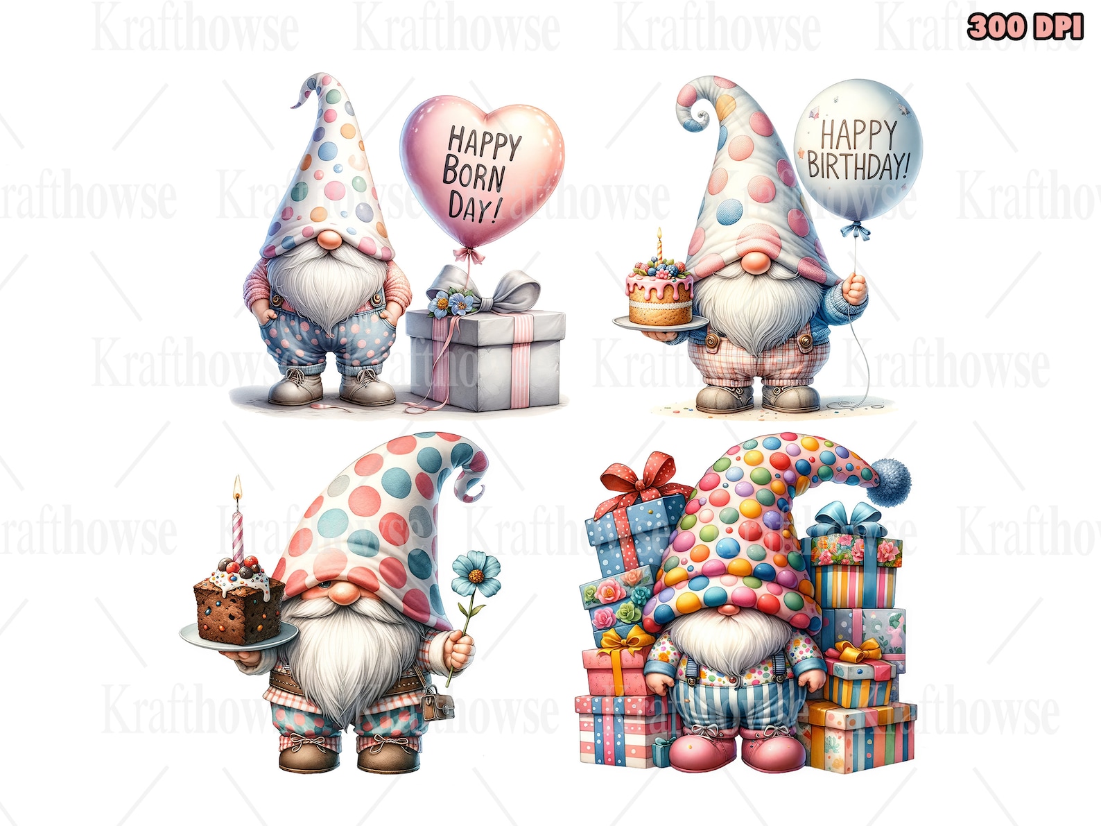 Watercolor Happy Birthday Gnomes PNG Clipart Bundle of 20, Cute ...