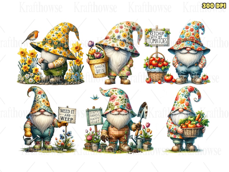 Watercolor Spring Garden Outdoor Gnomes PNG Clipart Bundle of 20, Cute ...