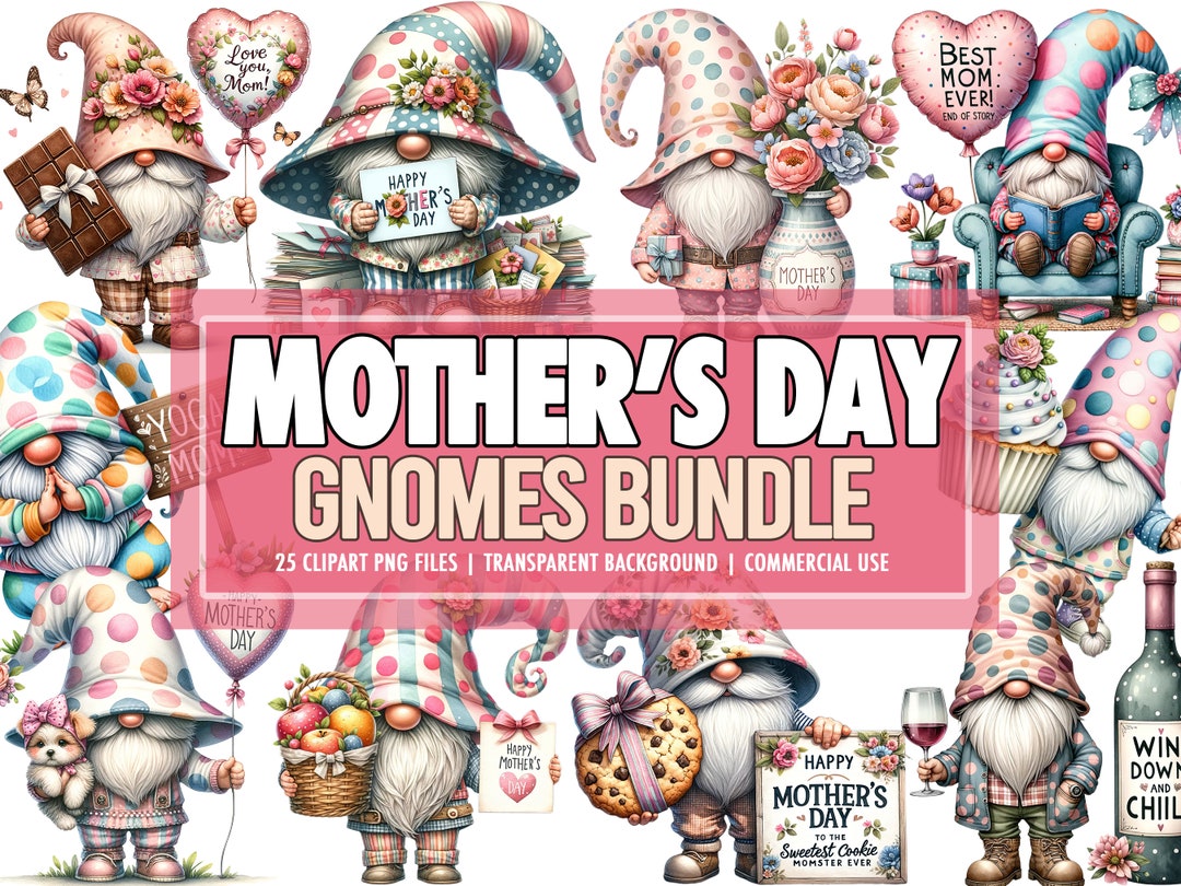 Watercolor Mothers Day Gnomes PNG Clipart Bundle of 30, Gnome Cute ...