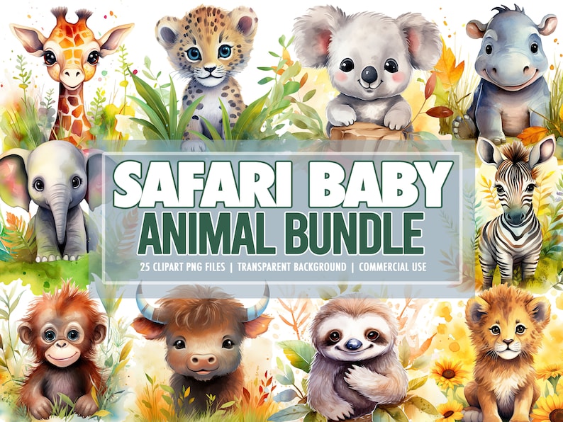 Watercolor Safari Baby Animal Png-clipart Bundle of 25 Baby Animal ...