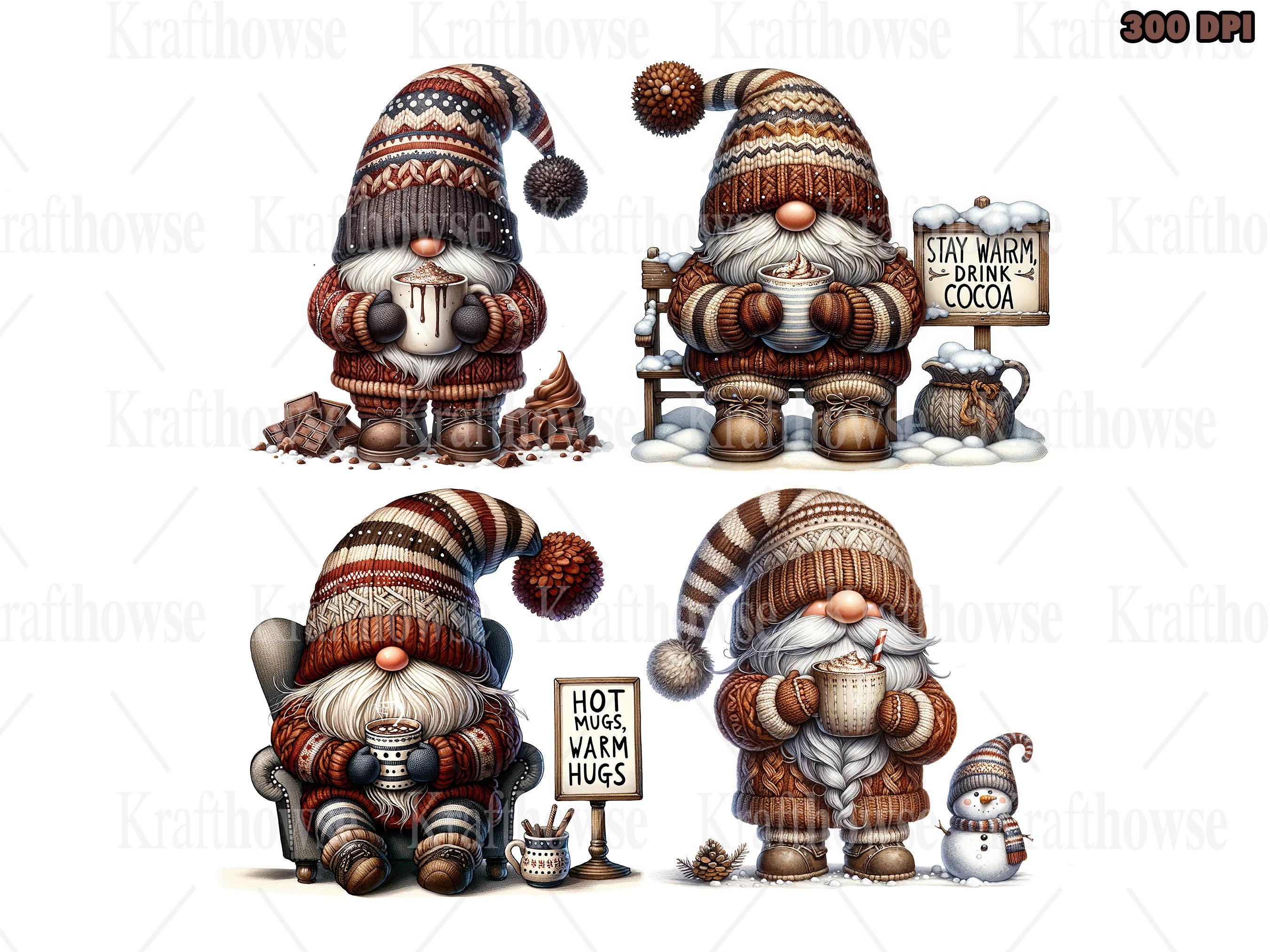 Watercolor Winter Holiday Cocoa Gnomes PNG Clipart Bundle of 20, Cute ...